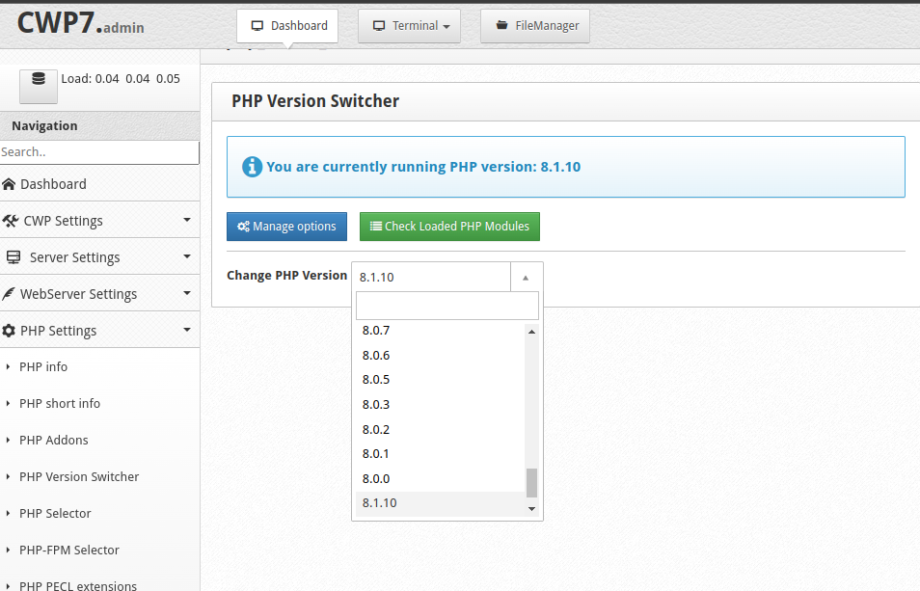 How to change the PHP version in Control Web Panel (CWP)